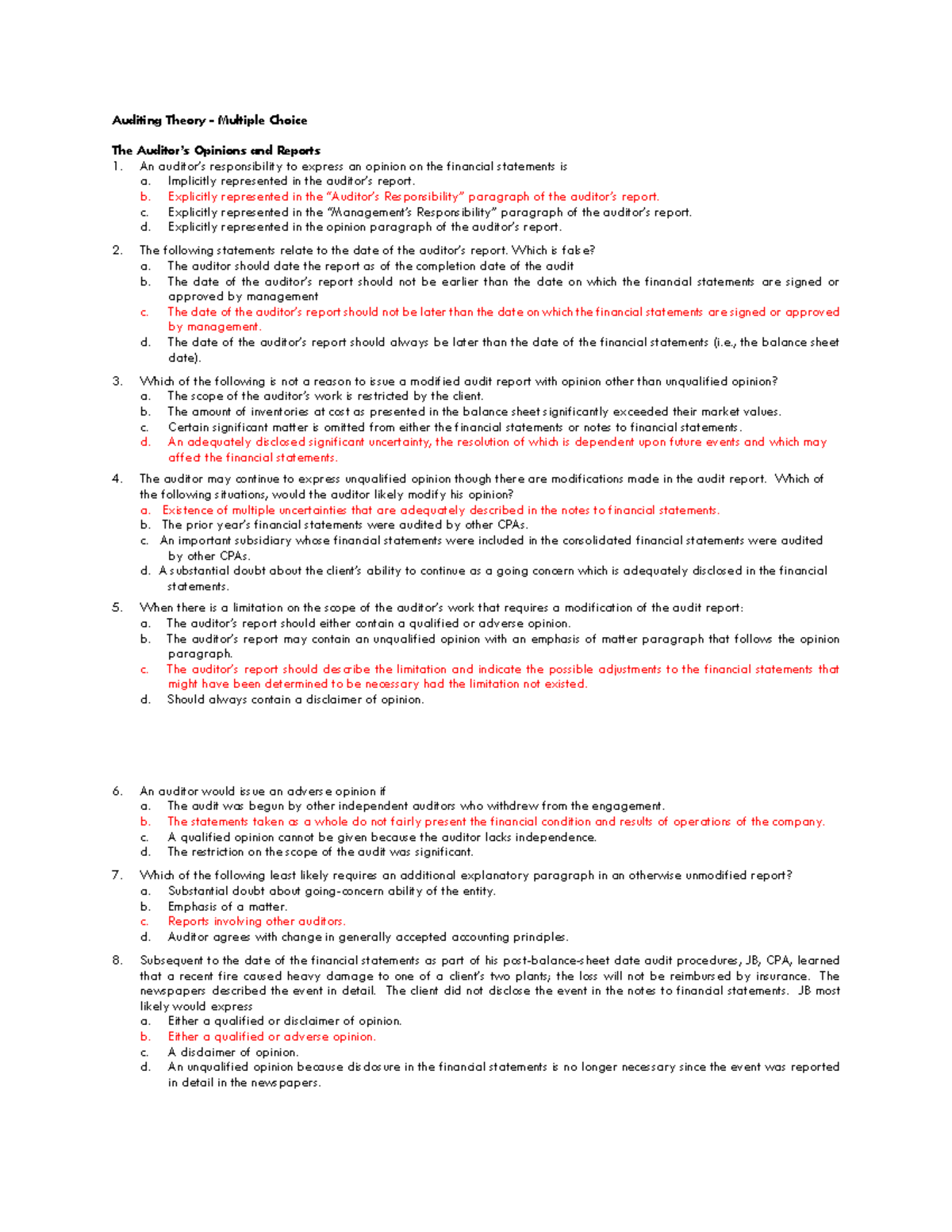 Auditing Theory - Multiple Choice 9 - Implicitly represented in the auditor’s report. b ...