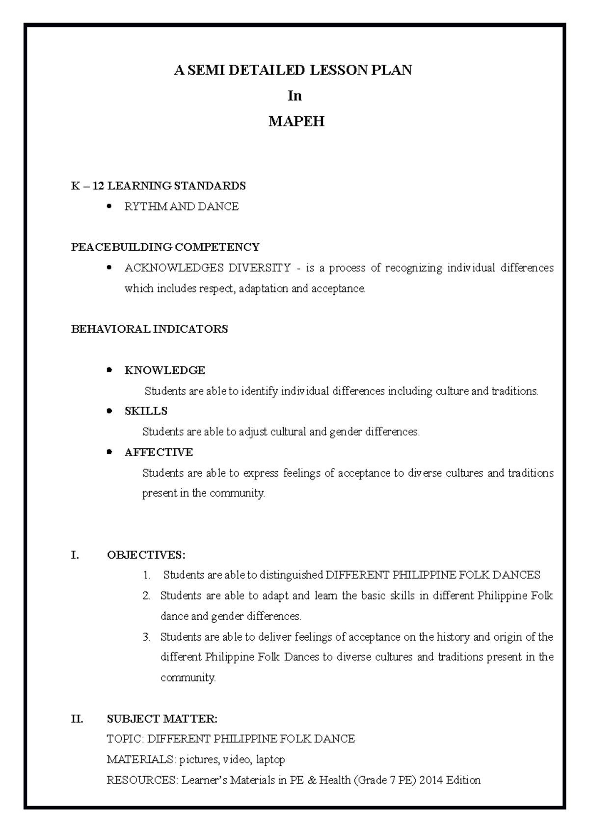 Acknowledges Diversity - A SEMI DETAILED LESSON PLAN In MAPEH K – 12 ...
