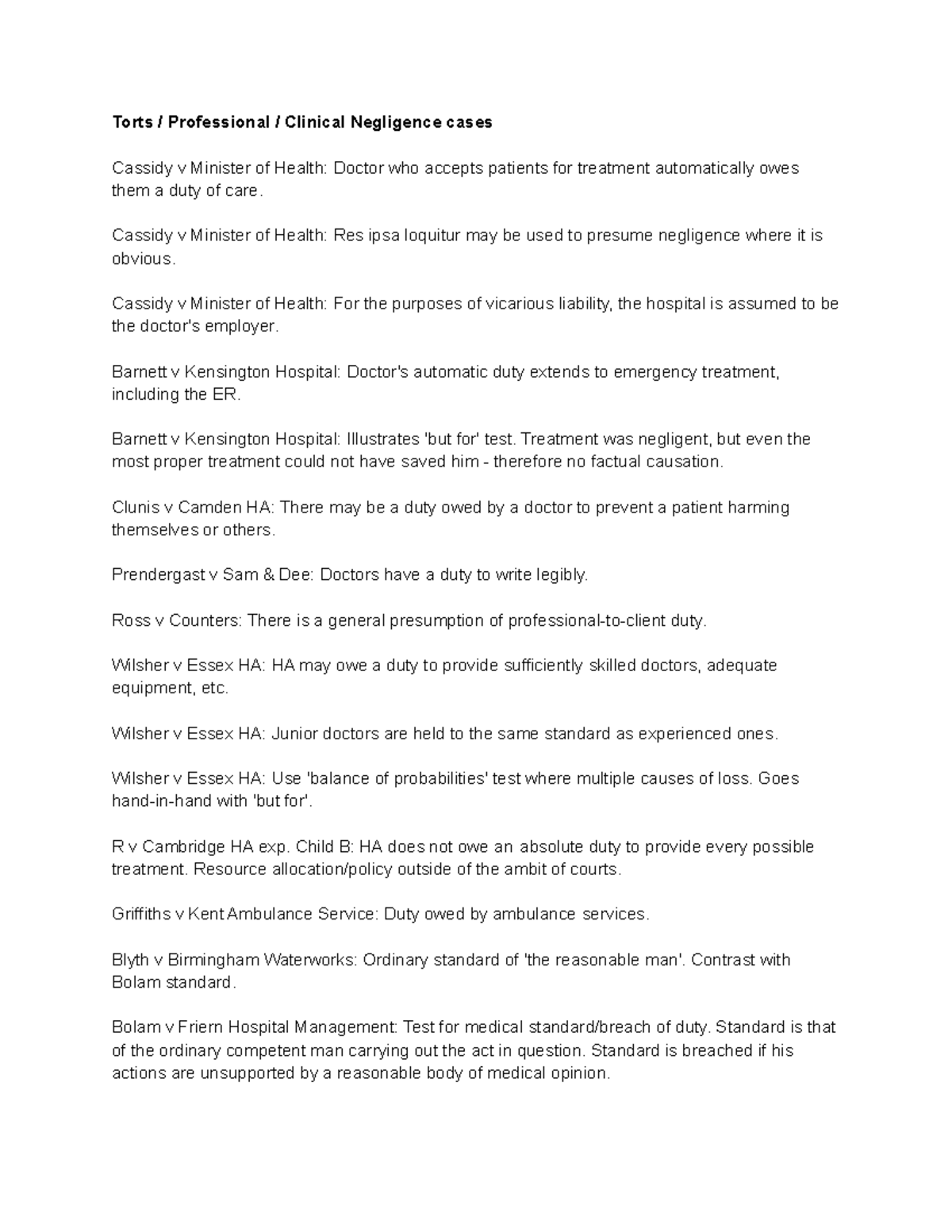 Torts Professional Clinical Negligence cases - Torts / Professional ...