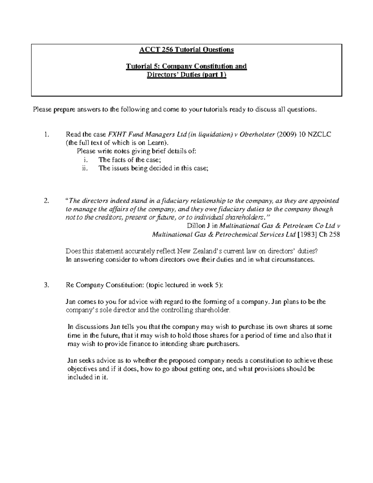 Tutorial 5 256 Constitutions + Directors Duties (part 1) - ACCT 256 ...