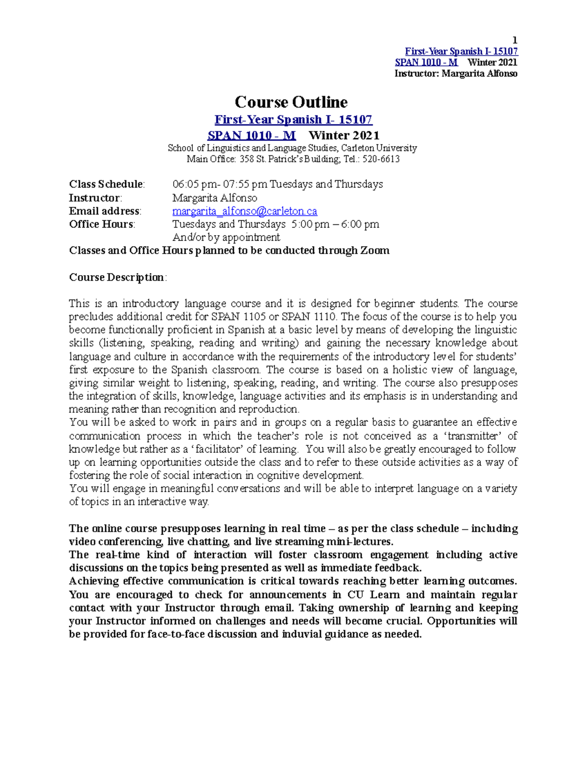 Course Outline SPAN 1010 M Winter 2021 - First-Year Spanish I- 15107 ...