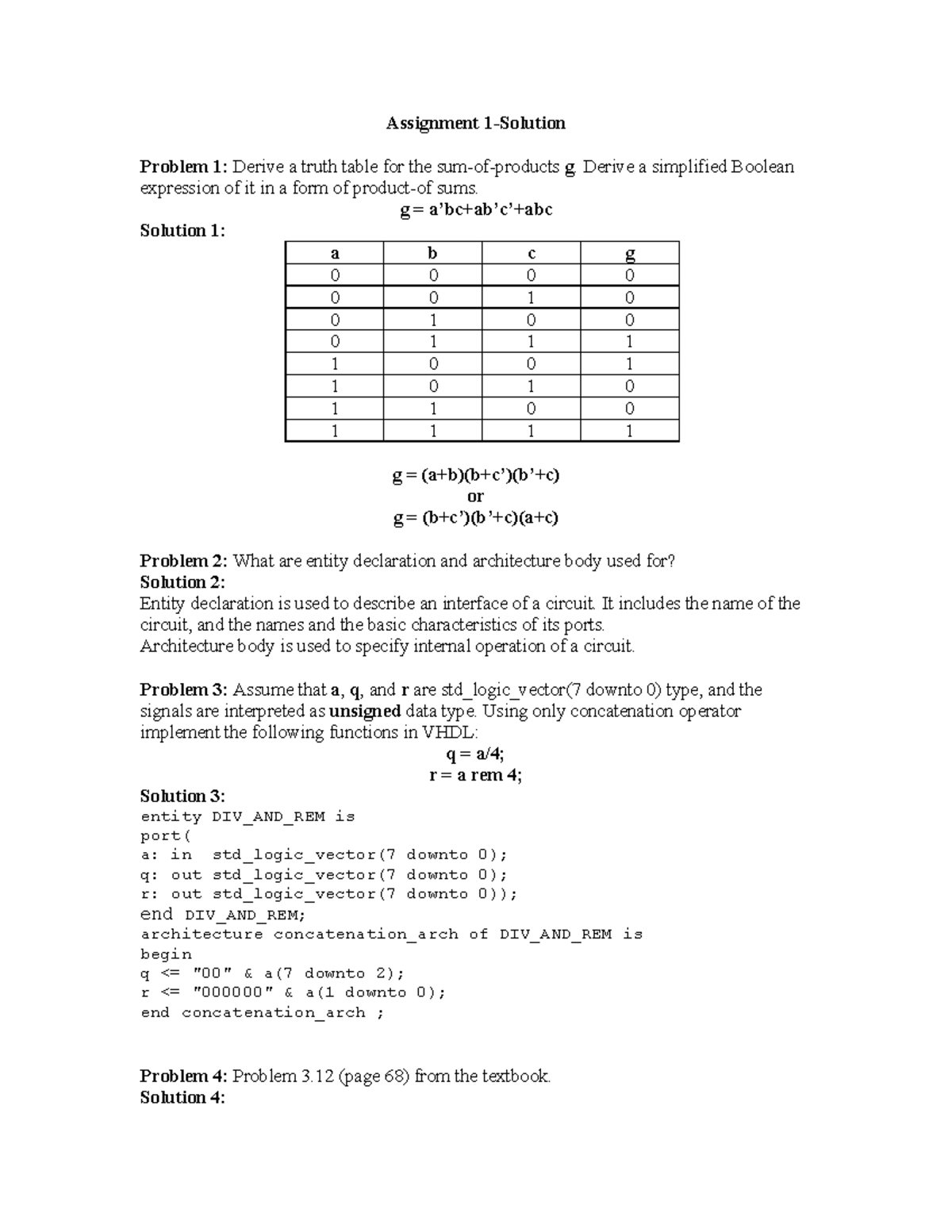 Solution-Assignment 1-v1 - Assignment 1-Solution Problem 1: Derive a truth table for the - Studocu