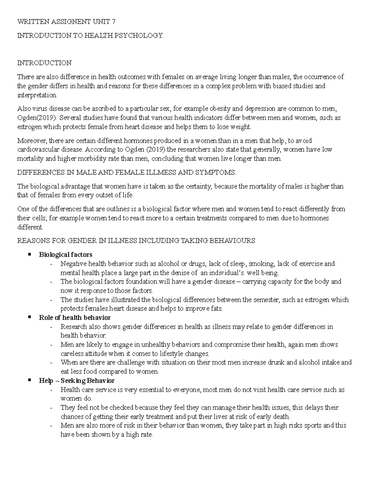 Written Assignment 7 - WRITTEN ASSIGNENT UNIT 7 INTRODUCTION TO HEALTH PSYCHOLOGY. INTRODUCTION ...