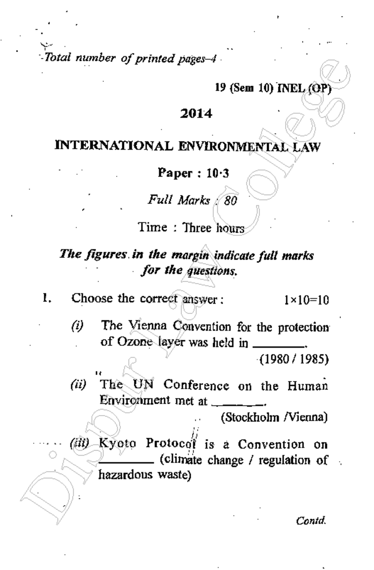 3. International Environmental Law QP - I. Fill in the blanks with ...