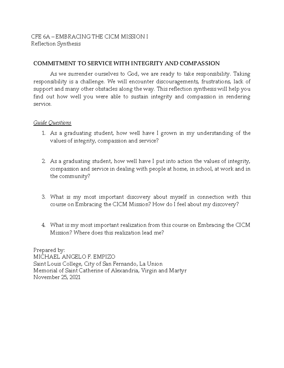 CFE-6A- Reflection- Synthesis Sobredo - CFE 6A – EMBRACING THE CICM ...