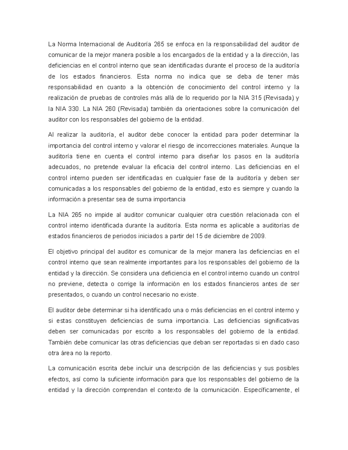 Ensayo sobre la NIA 265 - La Norma Internacional de Auditoría 265 se ...