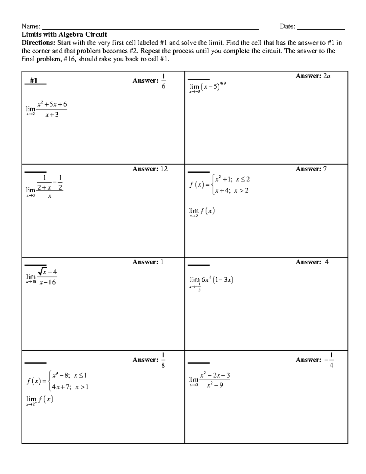 Limits with Algebra Circuit - Name: Date: Limits with Algebra Circuit ...
