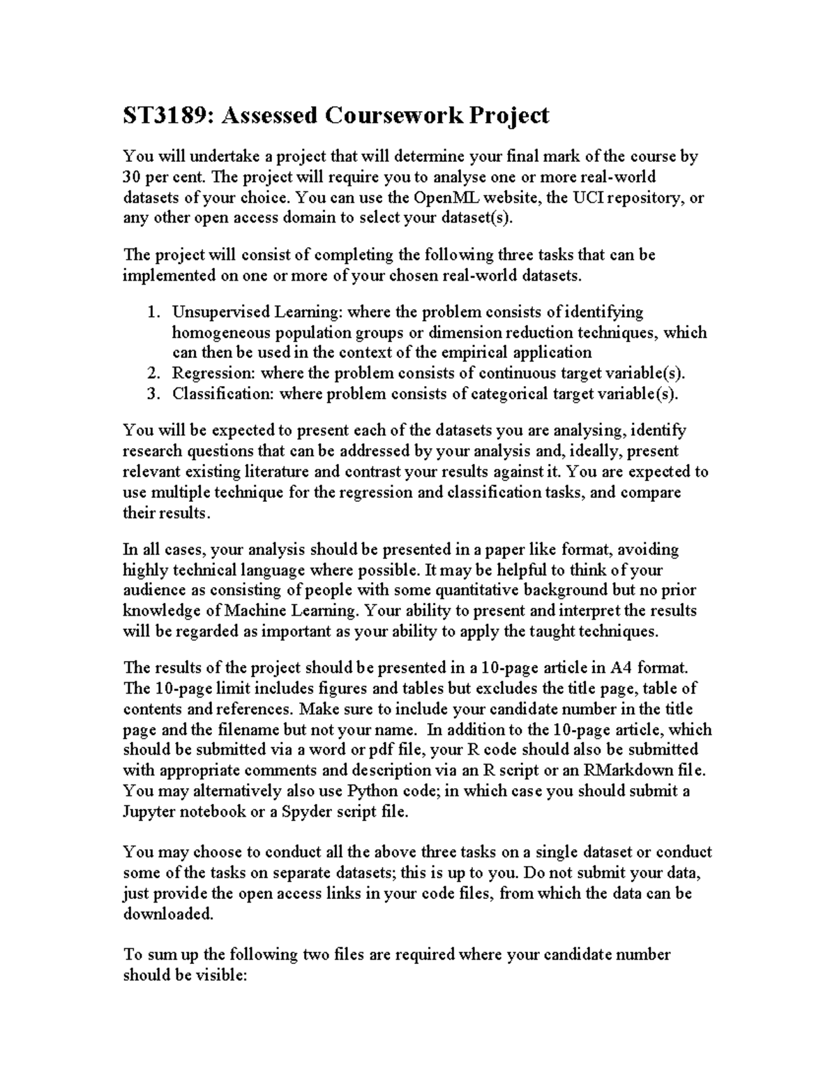 Assessed coursework project - ST 3189 : Assessed Coursework Project You ...