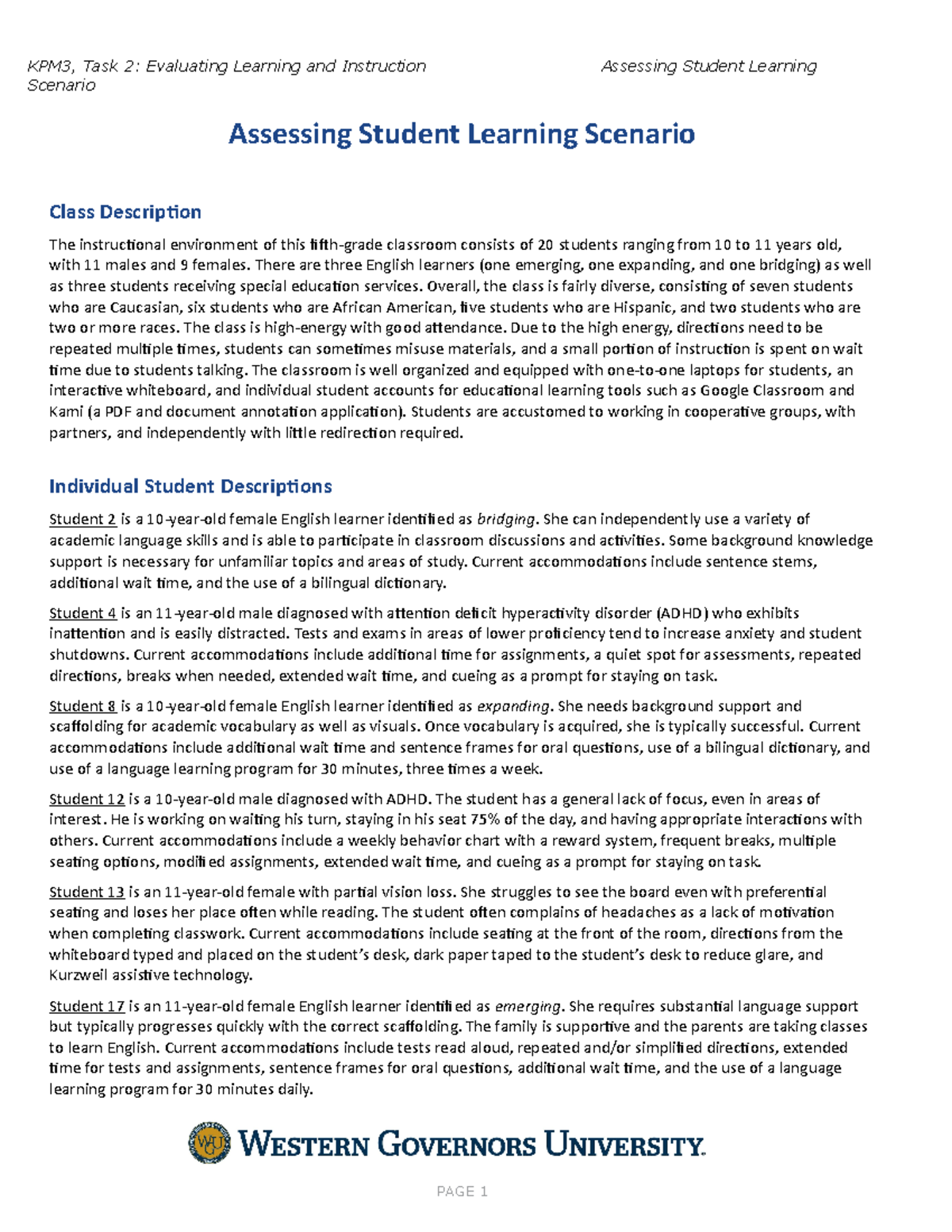 Assessing Student Learning Scenario - Scenario Assessing Student ...