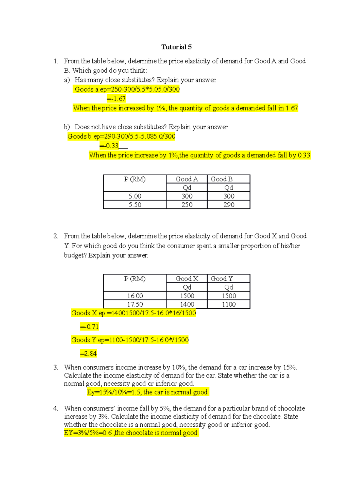 Tutorial 5 basic economics - Tutorial 5 From the table below, determine ...