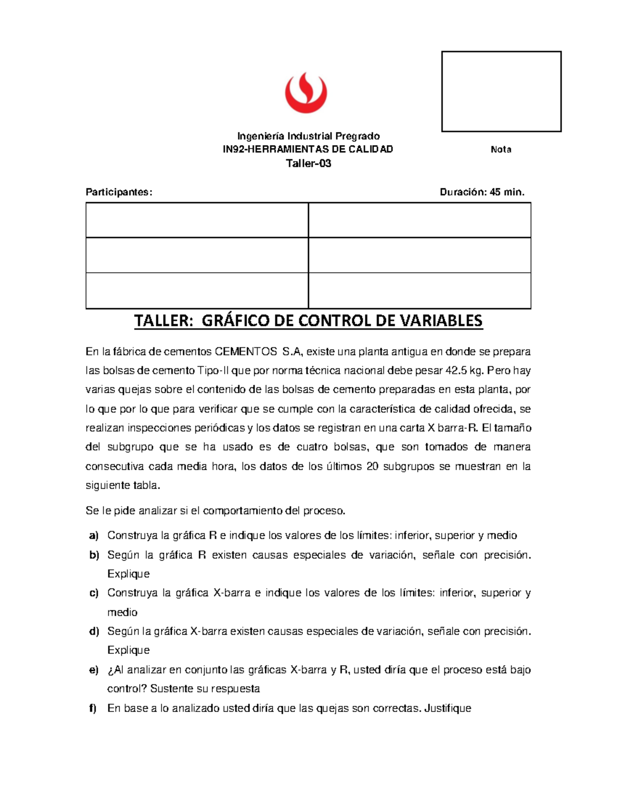 2020-01 HQ Taller 03 Grafico Control Variables X-R - Ingeniería ...