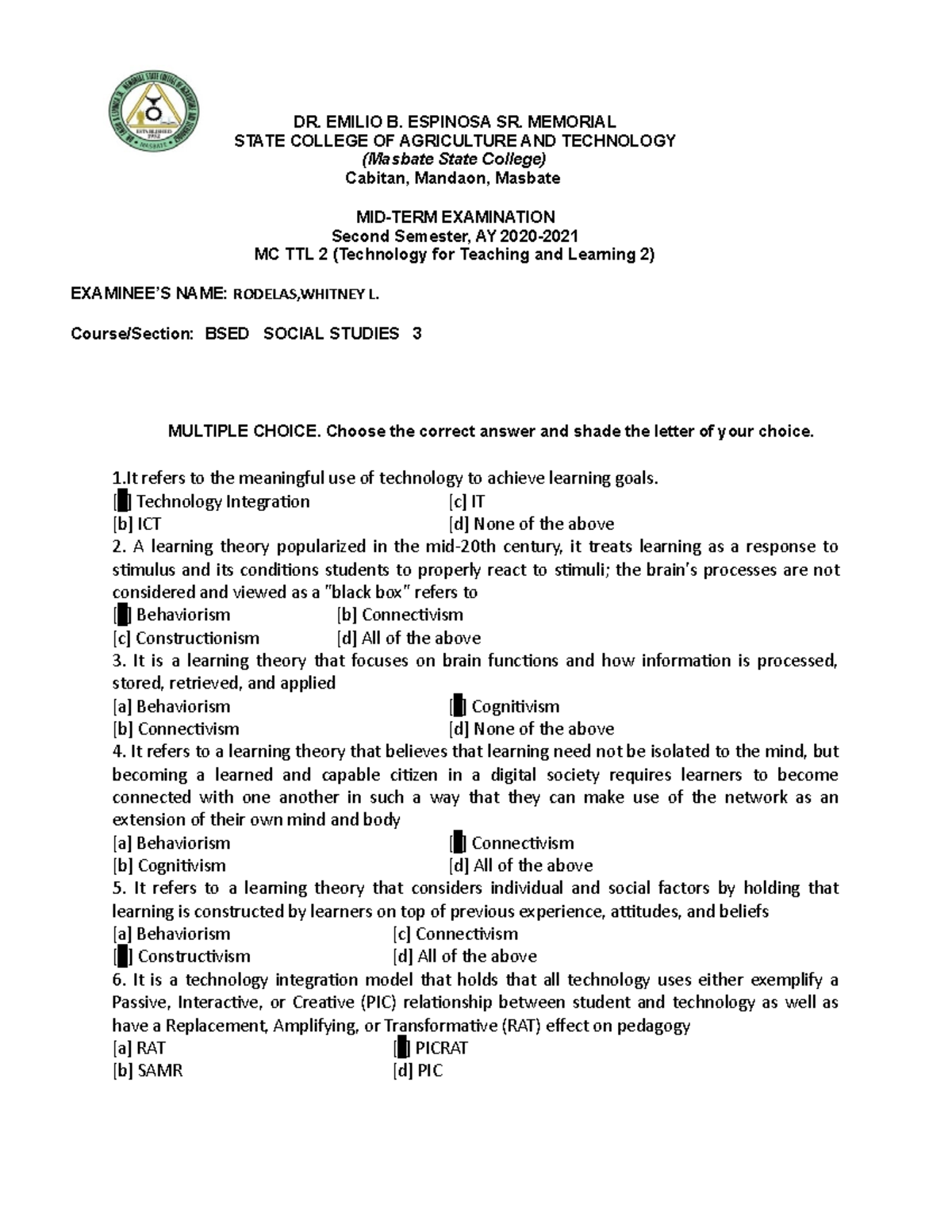 Exam on Mcttl 2 - Jsjsj - DR. EMILIO B. ESPINOSA SR. MEMORIAL STATE ...