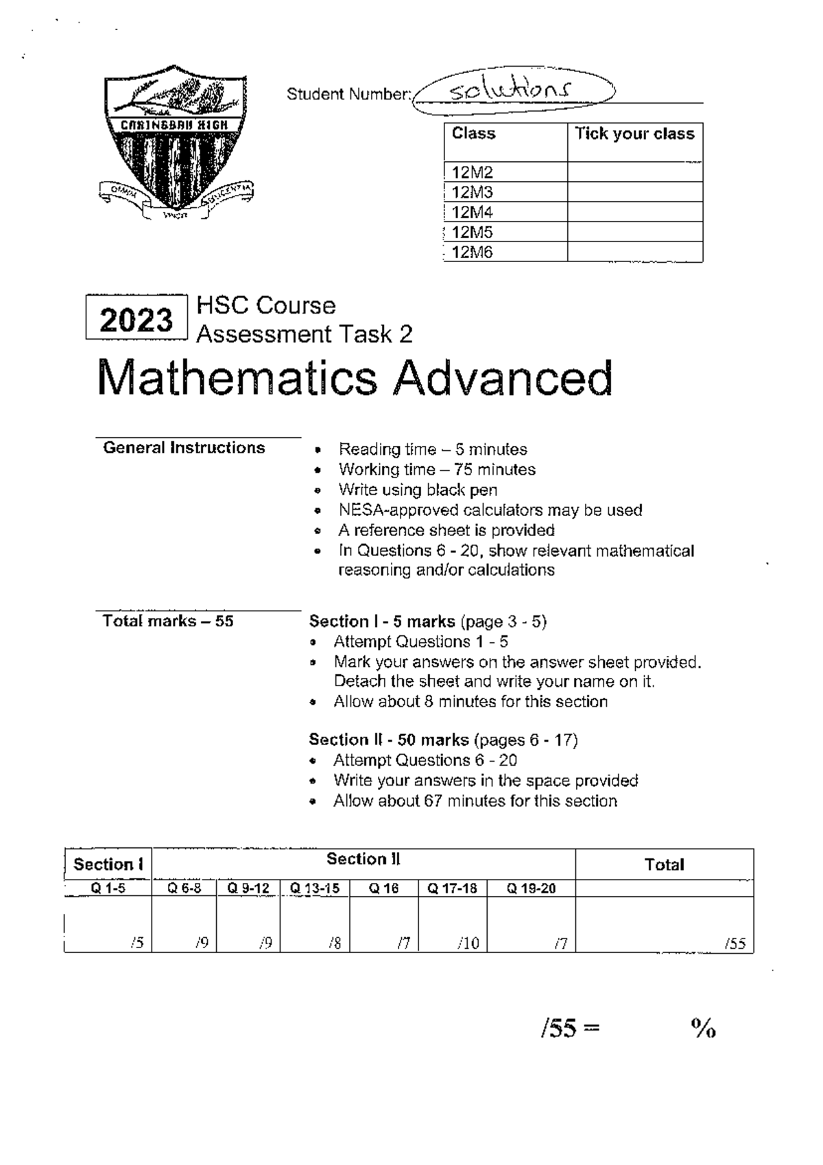 2023 Year 12 Mathematics Advanced AT2 Solutions - Student Number ...