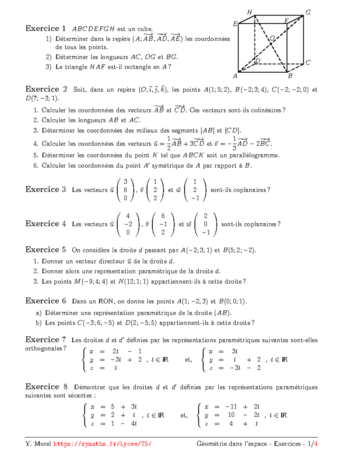 Cours Geometrie Espace Produit Scalaire Exercices 2 - Exercice 1 ABCDEF ...