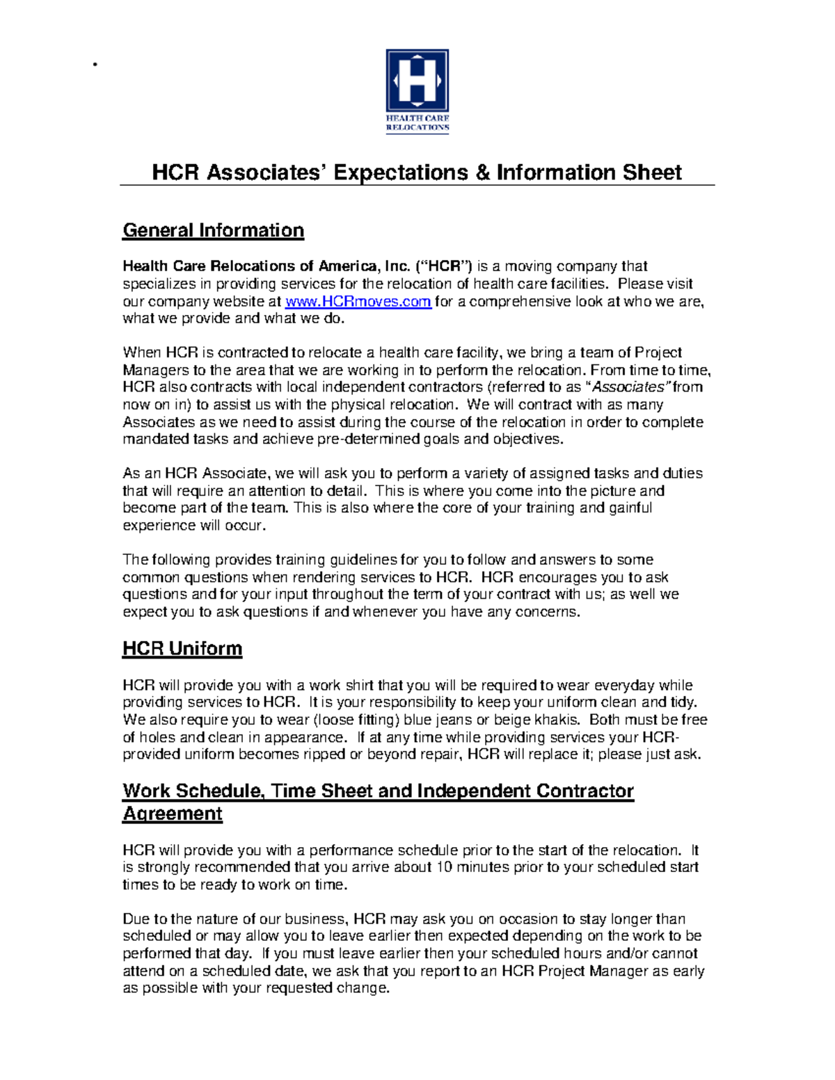 US Associates Info and Expectations 1 - HCR Associates’ Expectations ...