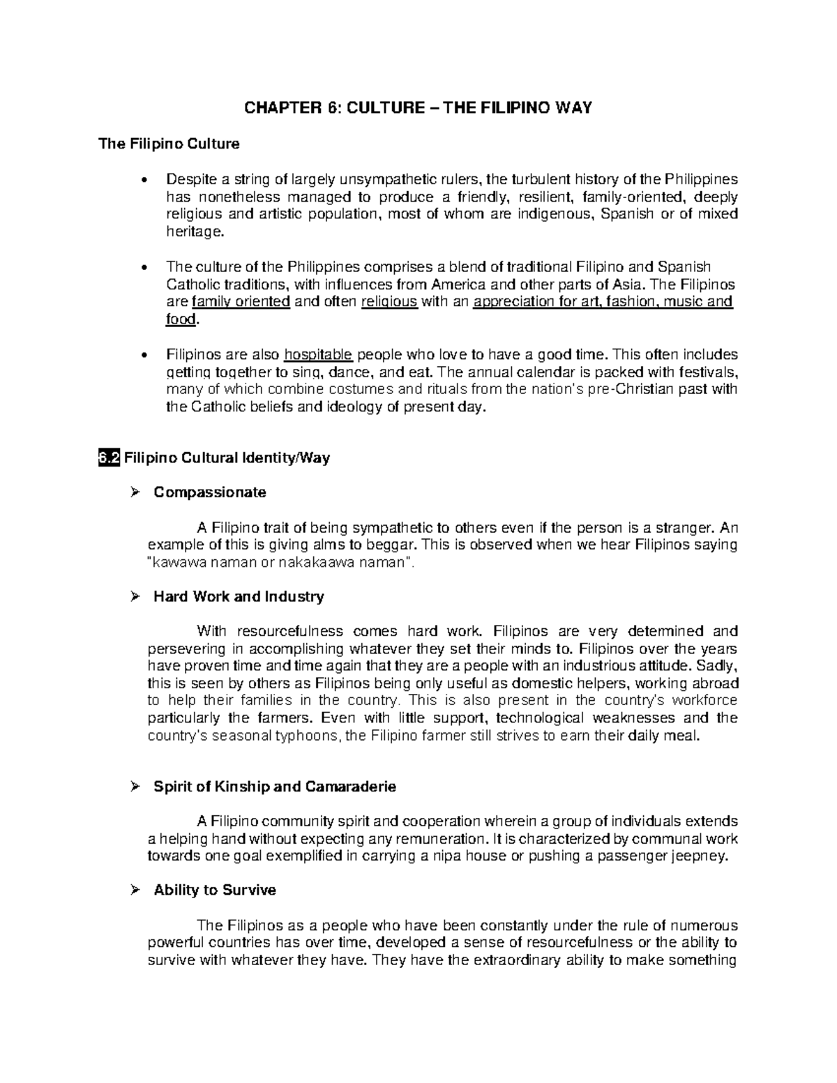 GE8 Chapter 6 Culture – THE Filipino WAY - CHAPTER 6: CULTURE – THE ...