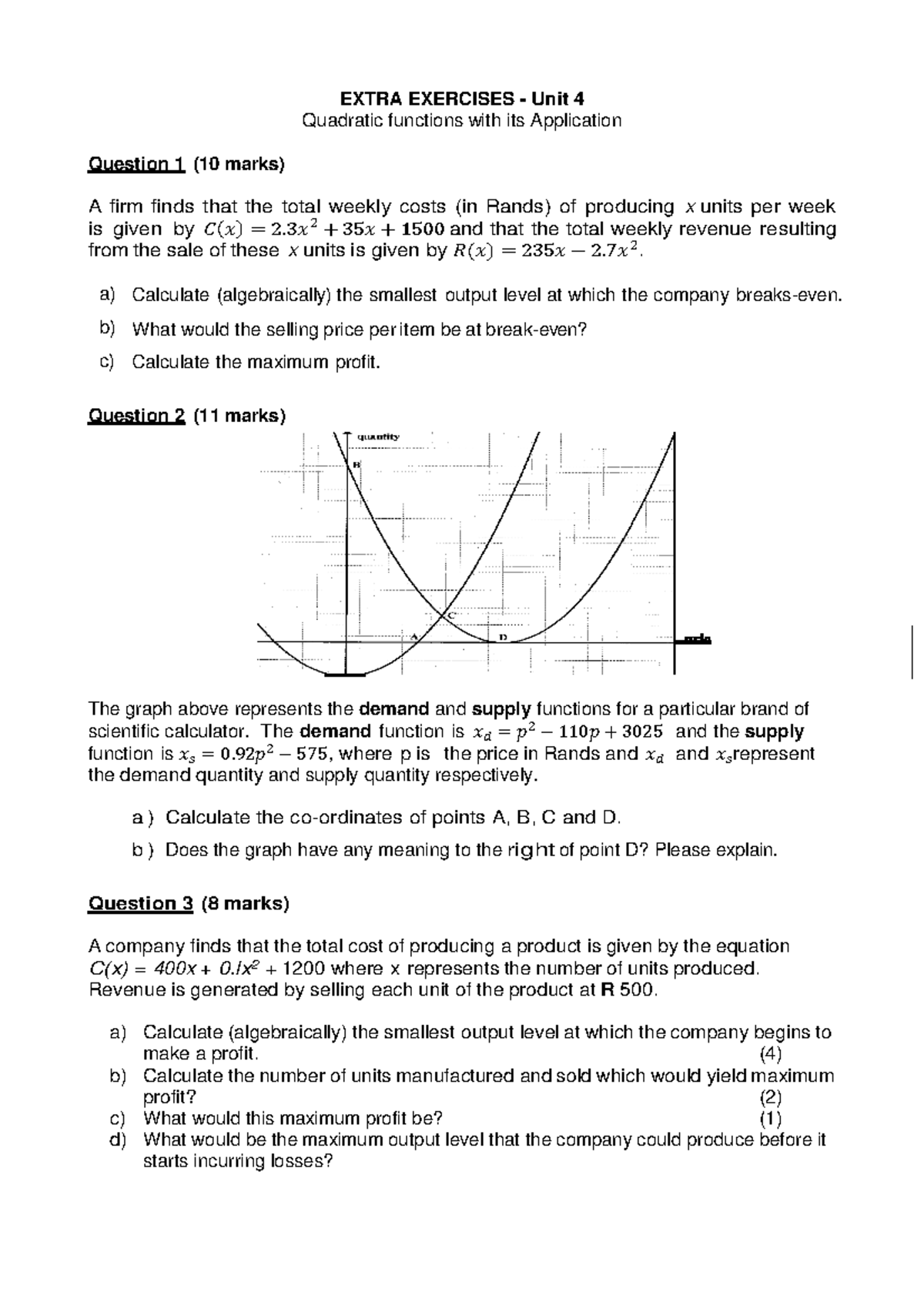 Extra Exercises - unit 4 Quadratic fns with Applications - EXTRA EXERCISES - Unit 4 Quadratic ...