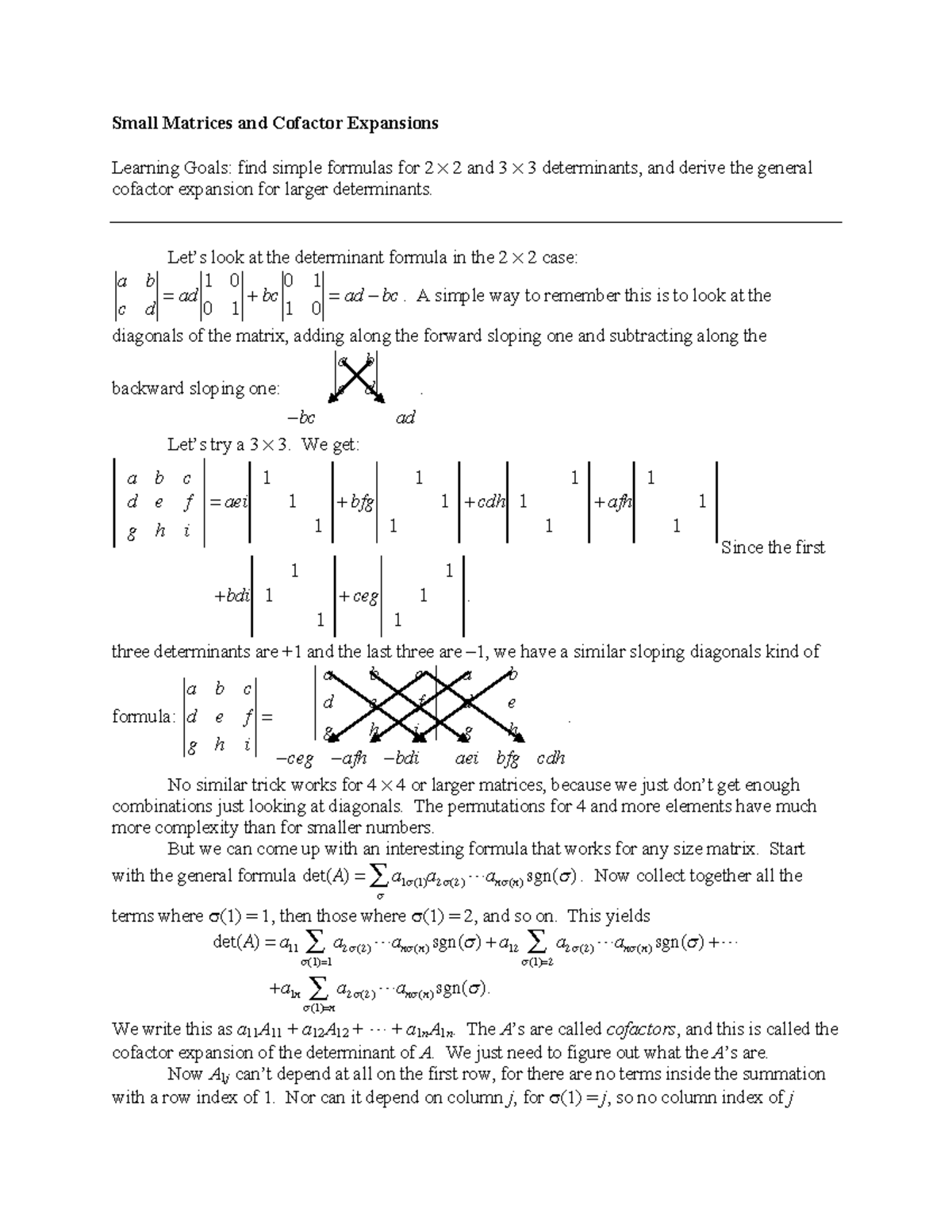 39 Cofactors - Small Matrices and Cofactor Expansions Learning Goals ...