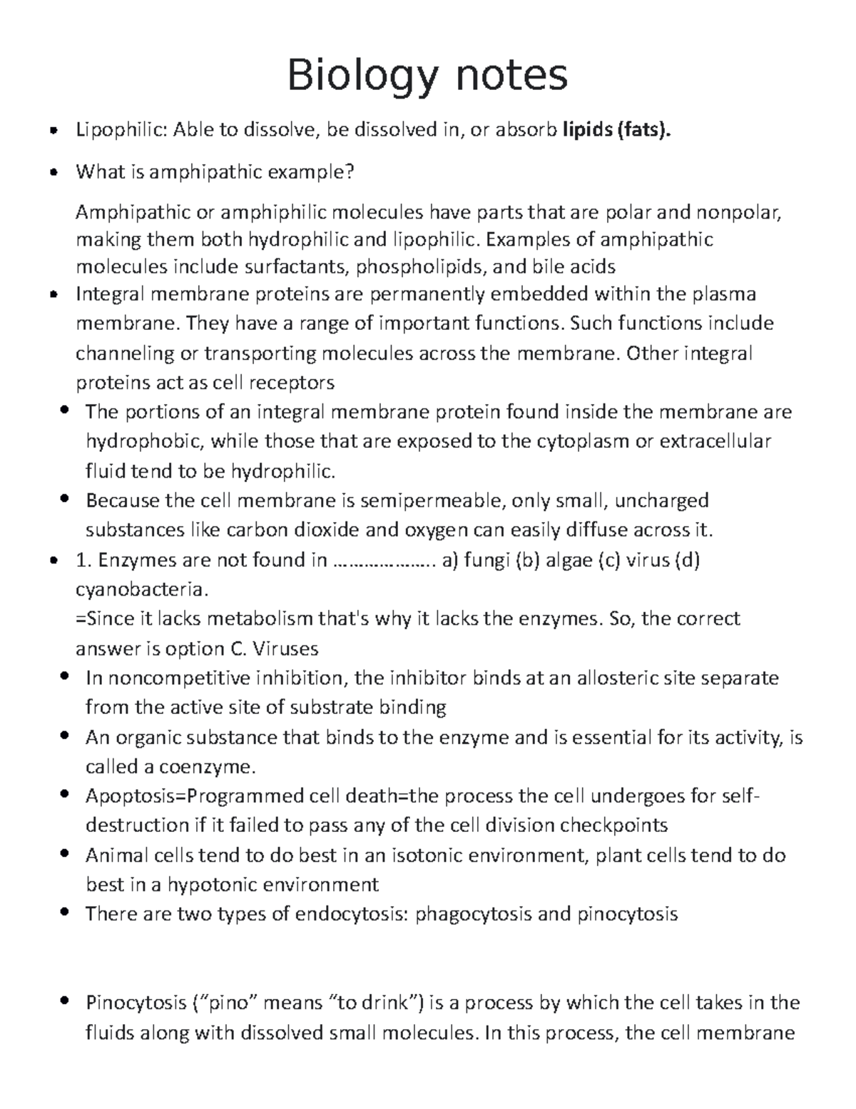 Bio Notes 1st term - Page 1 Biology notes Lipophilic: Able to dissolve ...