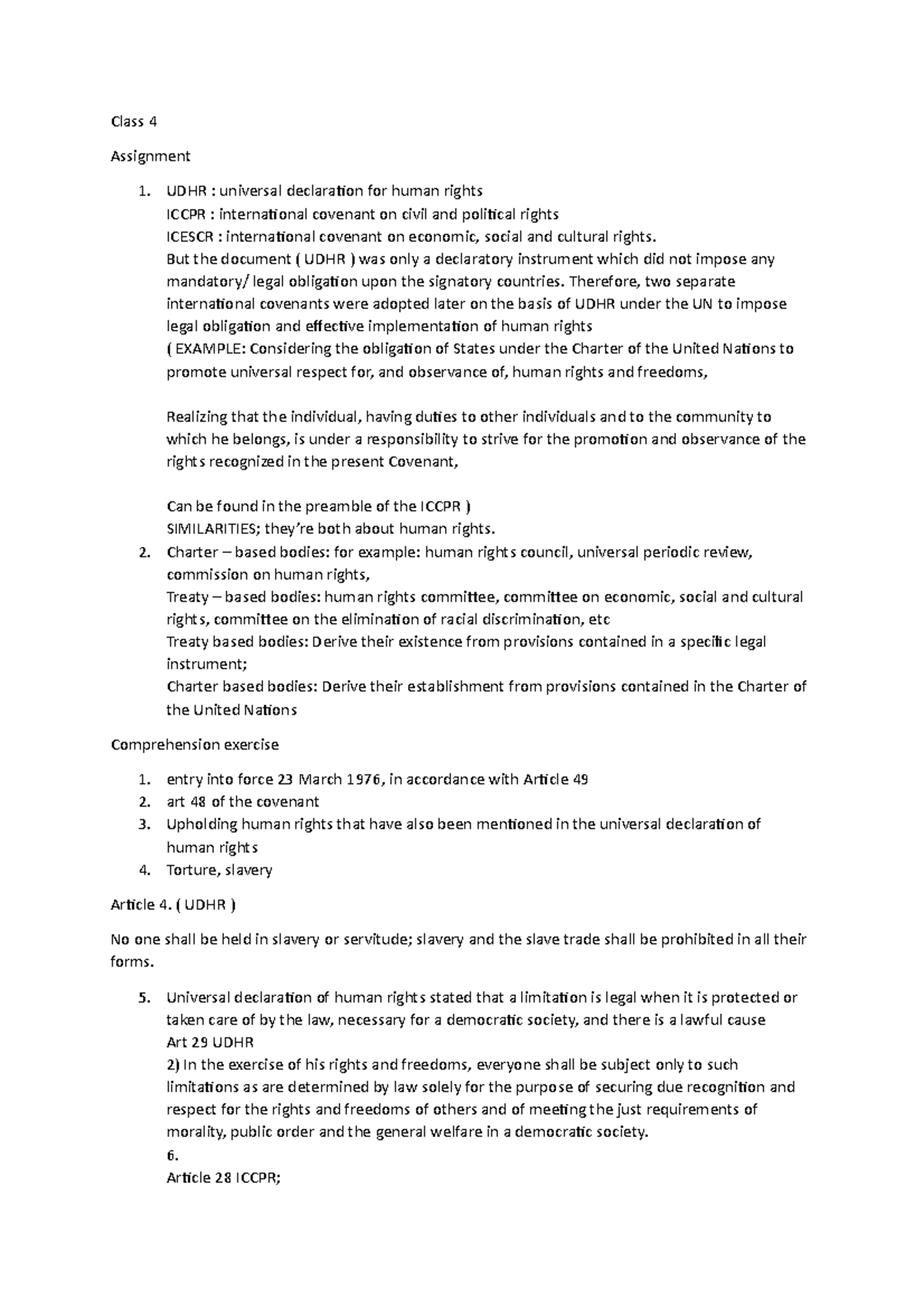 Class 4 English Class 4 Assignment 1 UDHR Universal Declaration