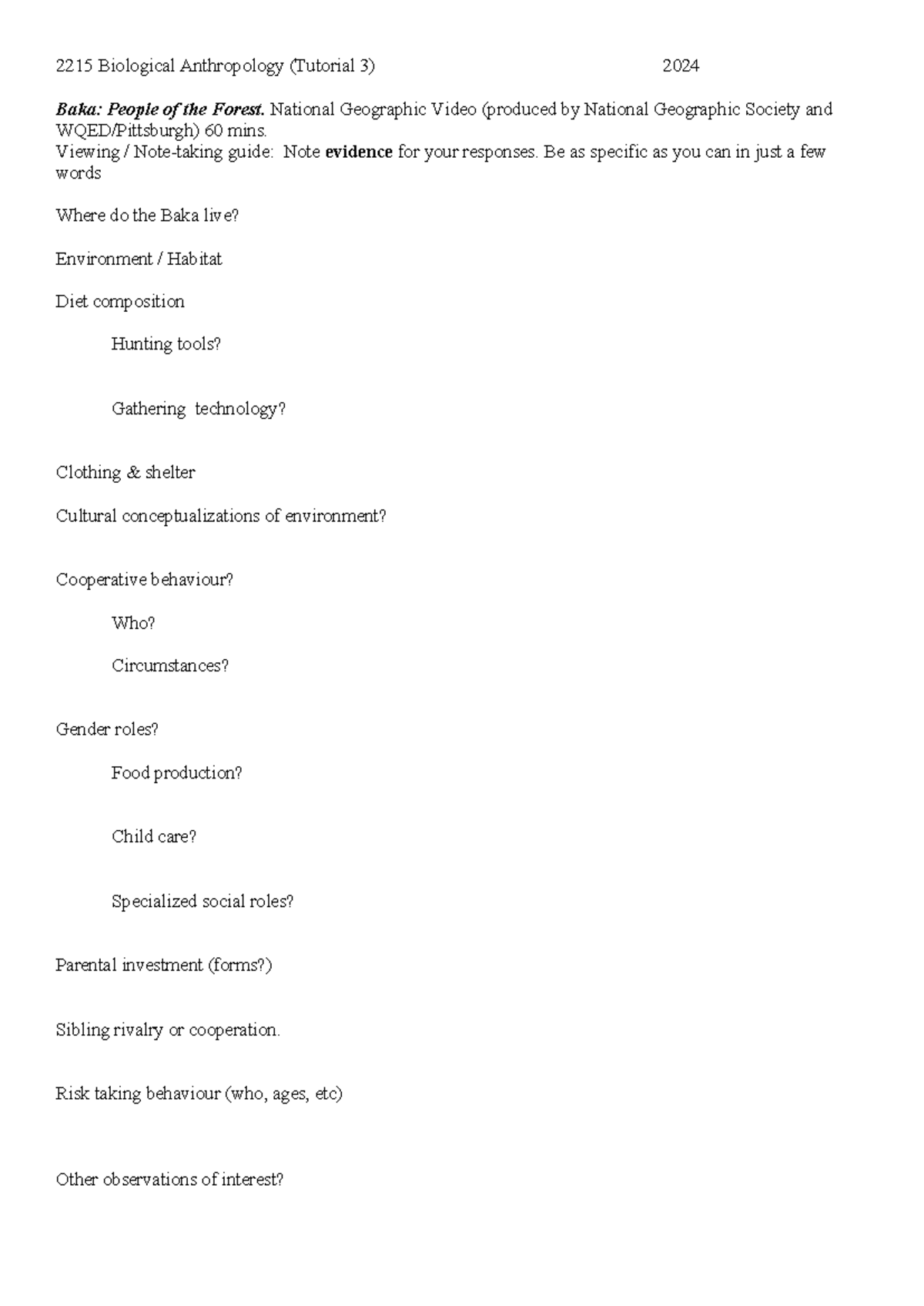 Baka guide - 2215 Biological Anthropology (Tutorial 3) 2024 Baka ...