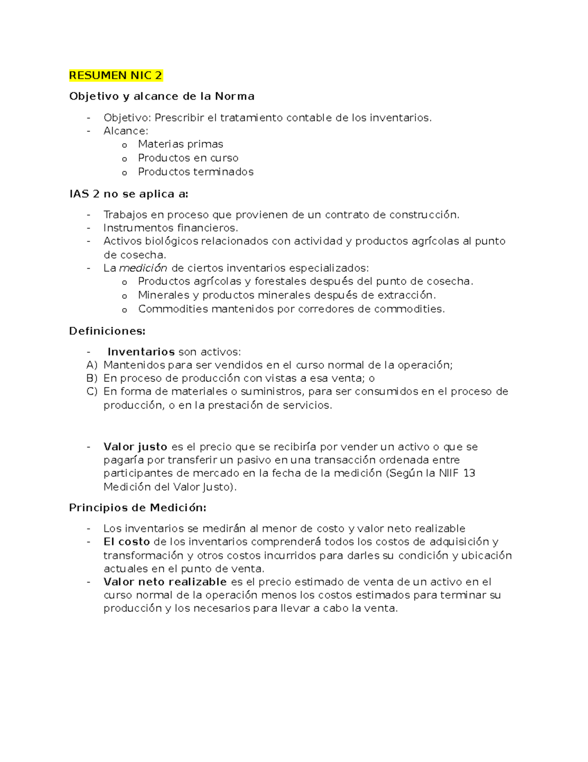 Resumen NIC 2 - RESUMEN NIC 2 Objetivo y alcance de la Norma - Objetivo ...
