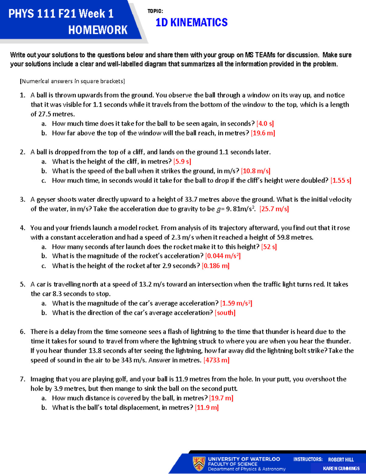 Physics 1: 1D-Kinematics- homework practice questions - Phys 111 ...