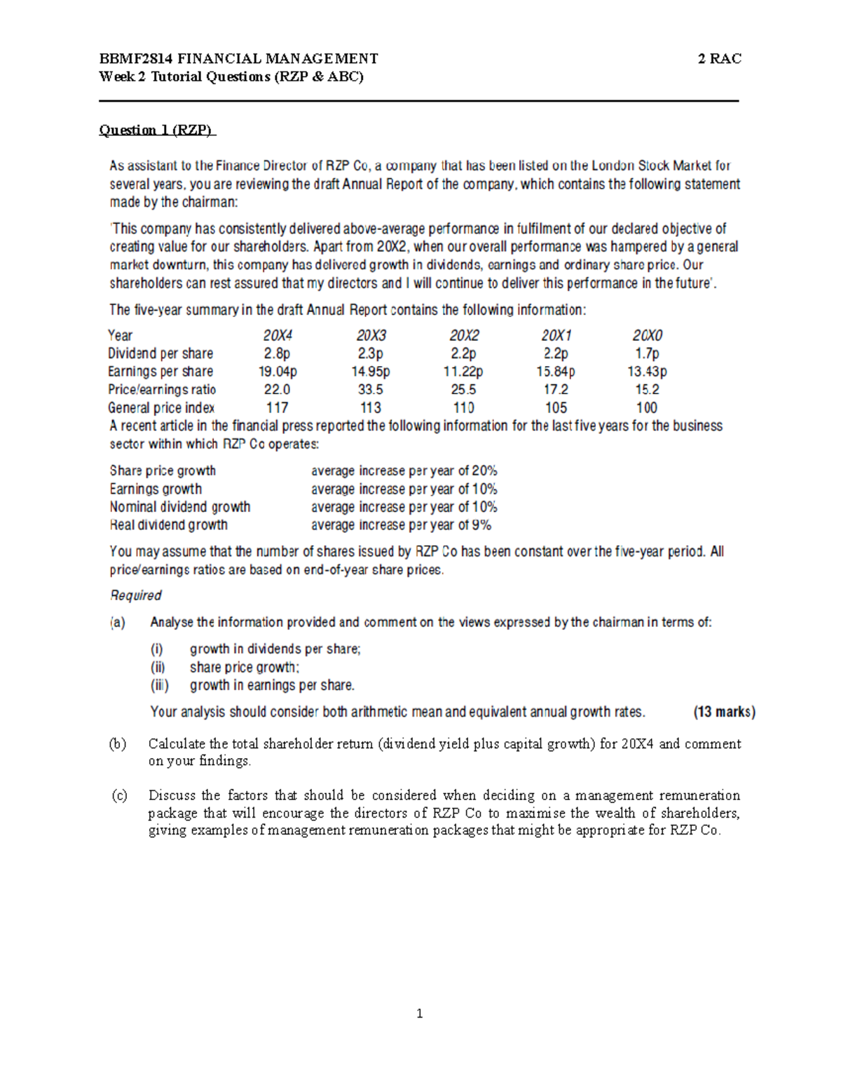 Week 2 Tutorial Questions (RZP & ABC) - BBMF2814 FINANCIAL MANAGEMENT 2 ...