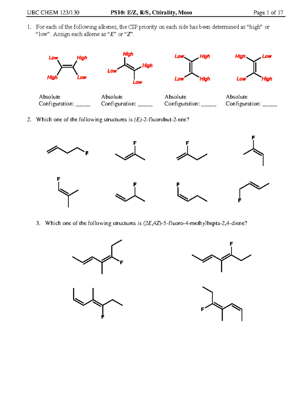 PS10 EZ RS Chirality Meso 2022 - For each of the following alkenes, the ...