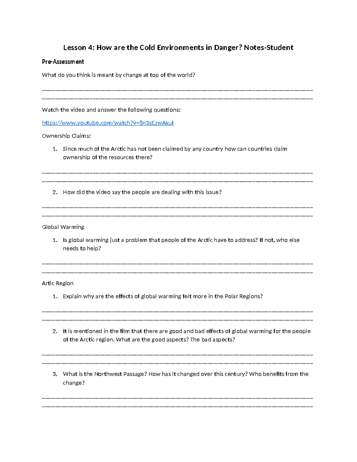 Lesson 4 How are the Arctics in Danger- Student Notes - Lesson 4: How ...