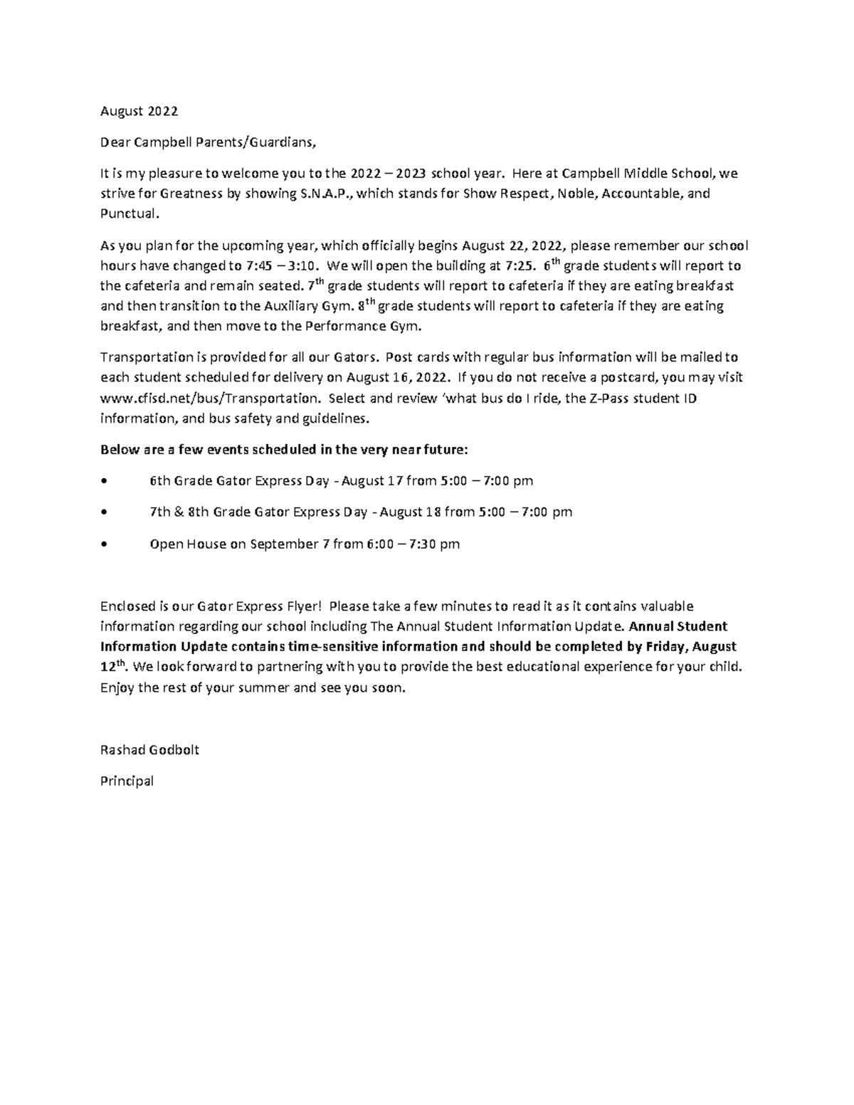 Welcome Letter - August 2022 Dear Campbell Parents/Guardians, It is my ...