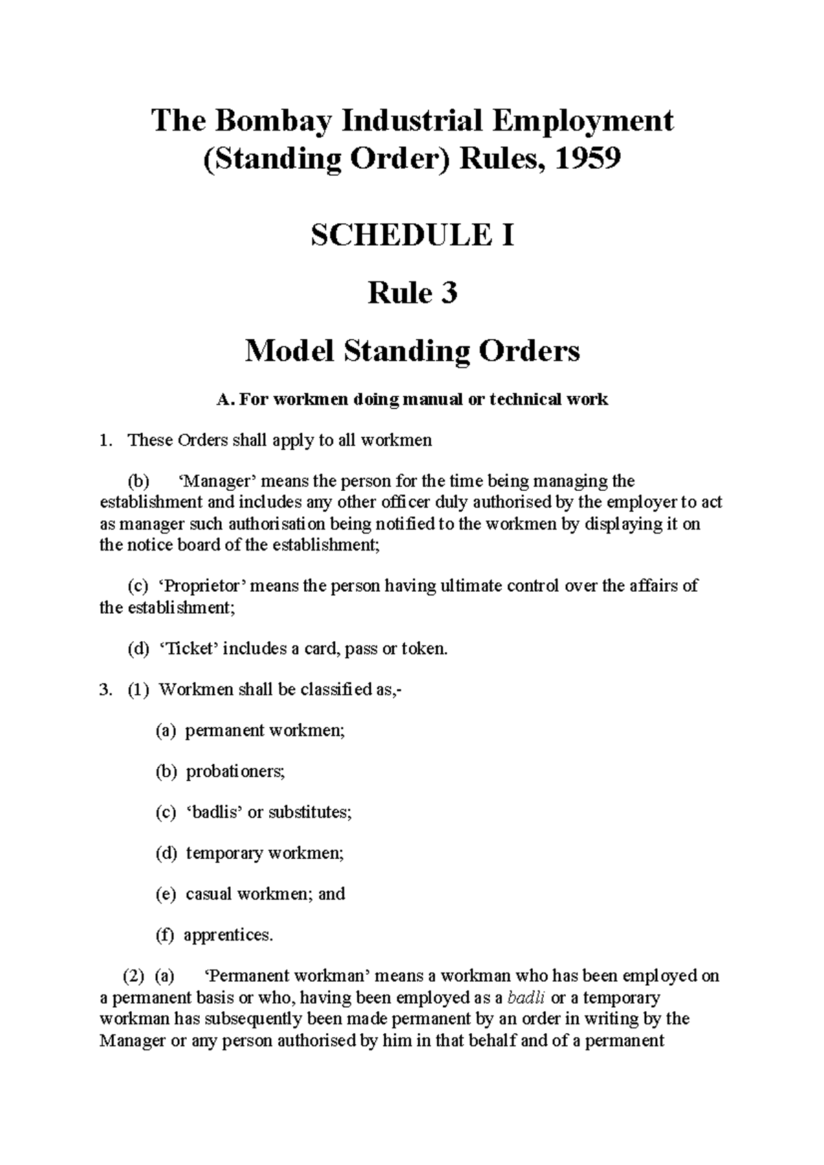 Model Standing Orders F The Bombay Industrial Employment Standing