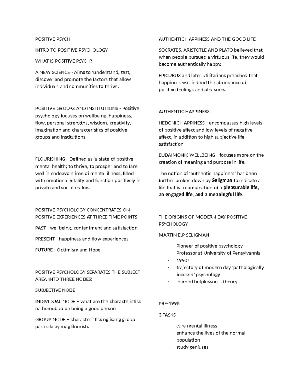 Positive- Psych- Notes - POSITIVE PSYCH INTRO TO POSITIVE PSYCHOLOGY ...