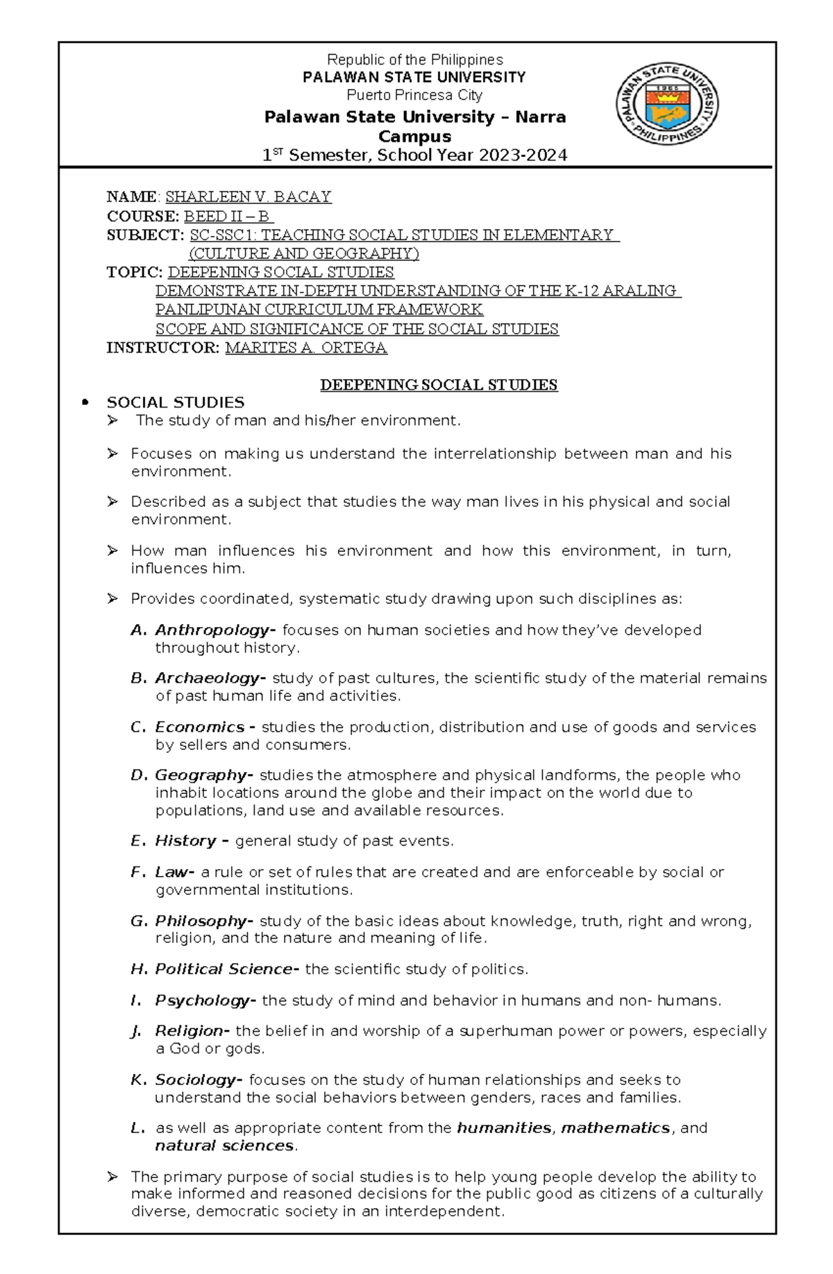 SC-SSC1 Report soft copy - Republic of the Philippines PALAWAN STATE ...