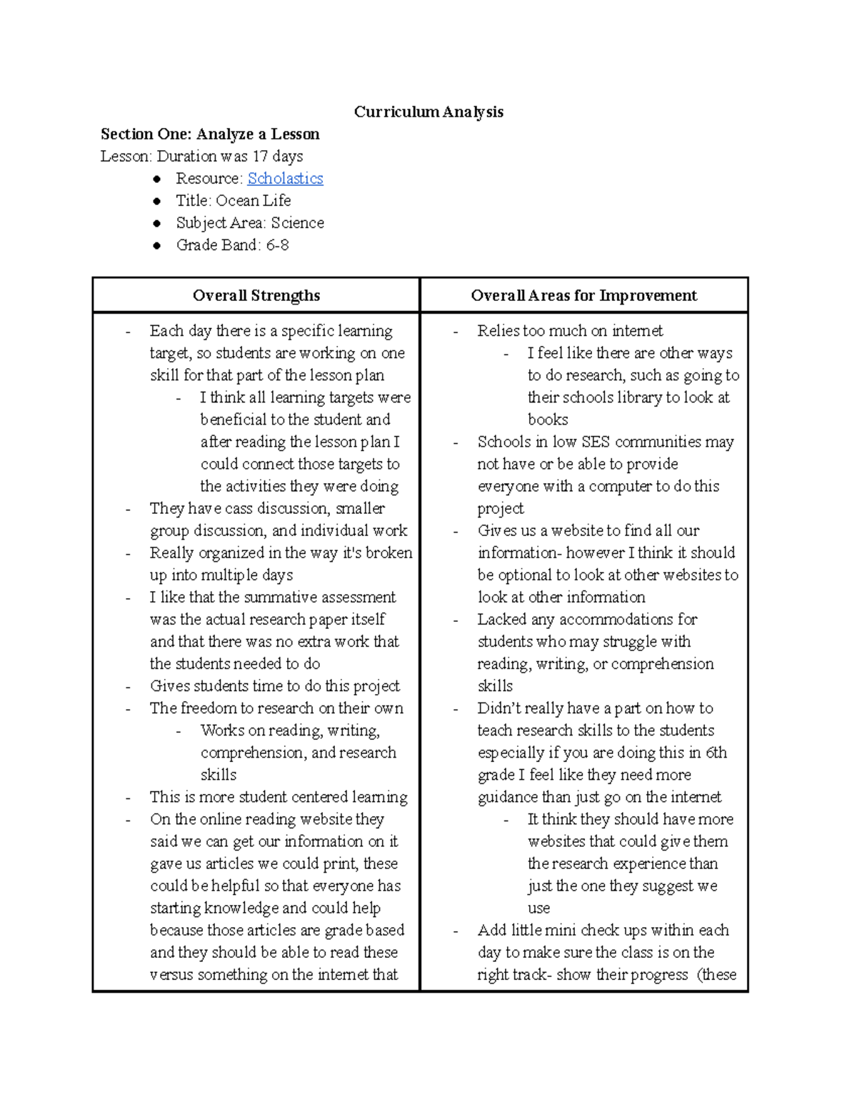 Curriculum Analysis - Curriculum Analysis Section One: Analyze a Lesson ...