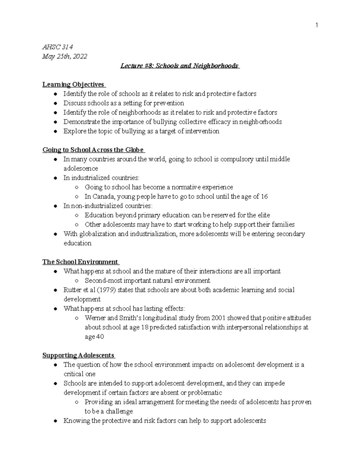 AHSC 314 - Lecture #8 - AHSC 314 May 25th, 2022 Lecture #8: Schools and ...