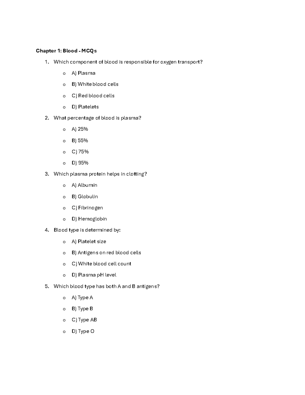 C1 questions & answers - Chapter 1: Blood - MCQs 1. Which component of ...
