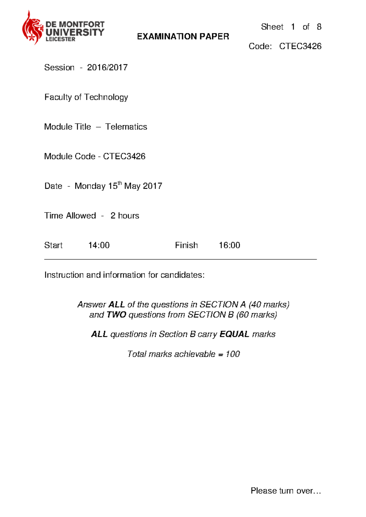 CTEC3426 2017 Exam - EXAMINATION PAPER Code: CTEC Session - 2016 ...