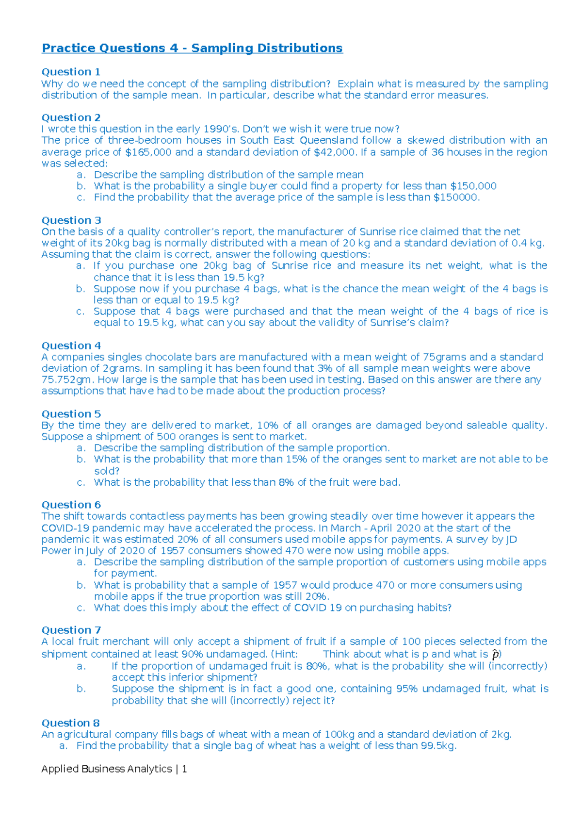 Sampling Distributions - Practice Exercises - Practice Questions 4 - Sampling Distributions ...