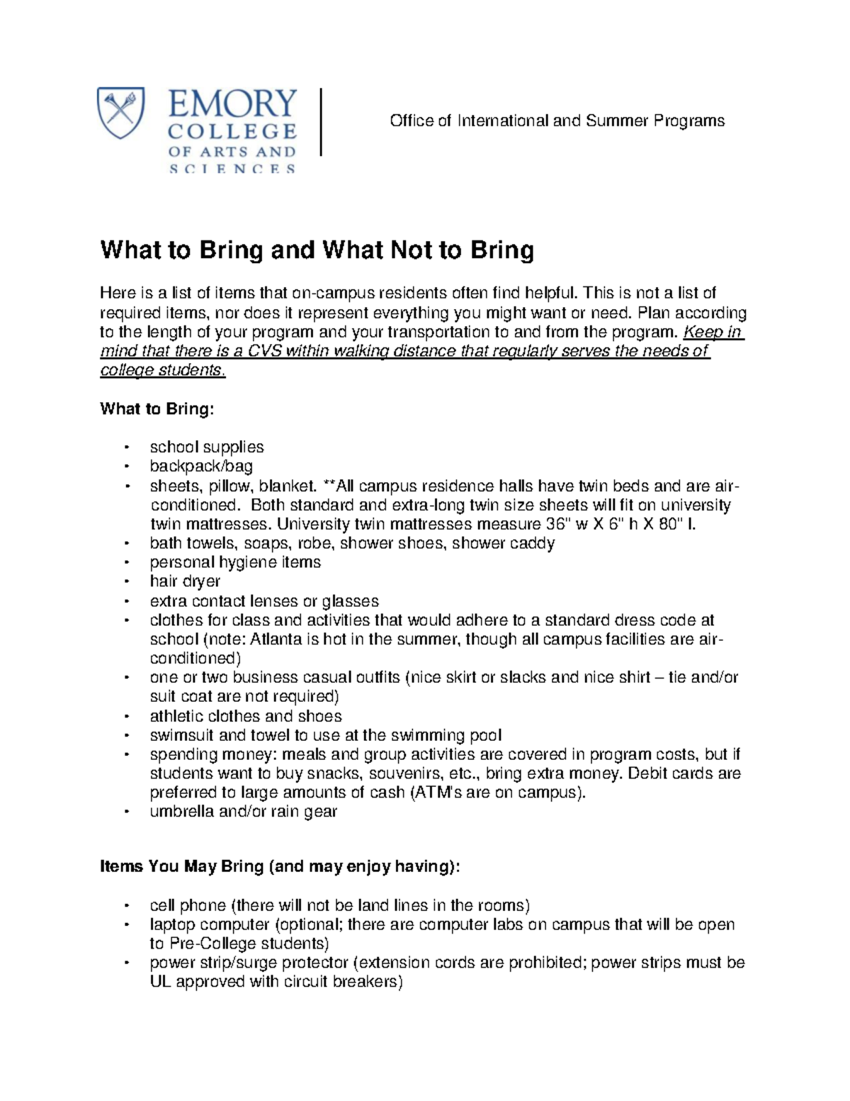 What to Bring - firj32i - Office of International and Summer Programs ...