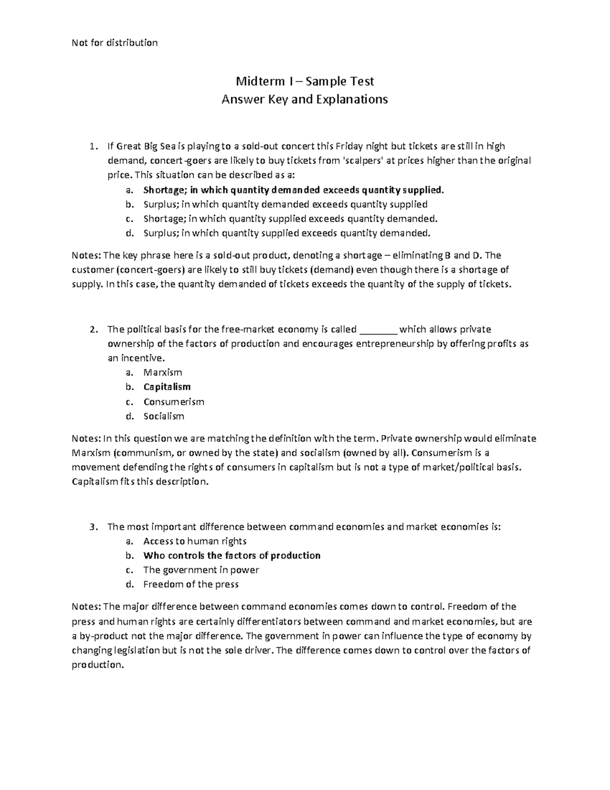 Midterm I Sample and Answers - Midterm I – Sample Test Answer Key and ...