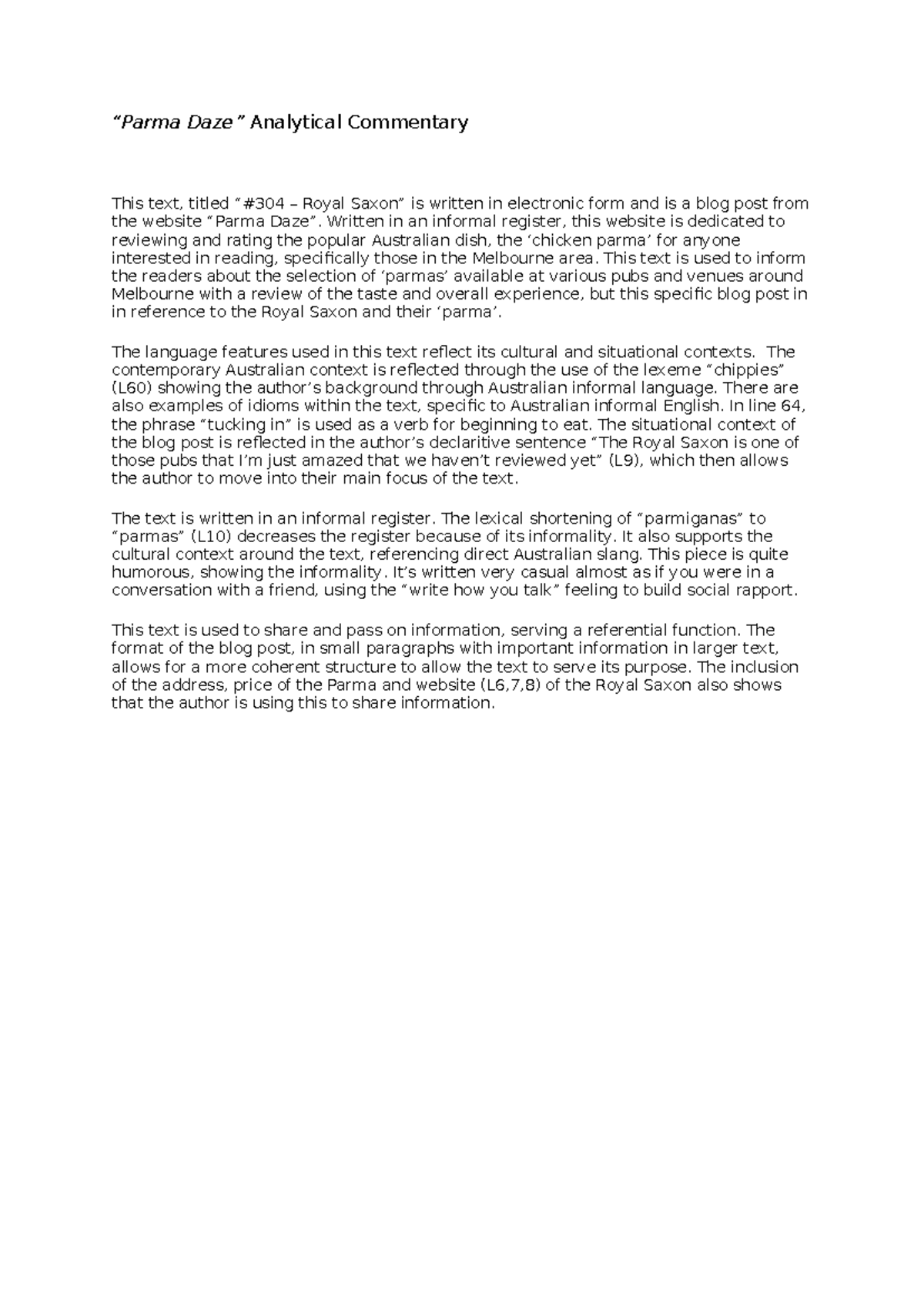 Parma Daze - “Parma Daze” Analytical Commentary This text, titled “#304 ...