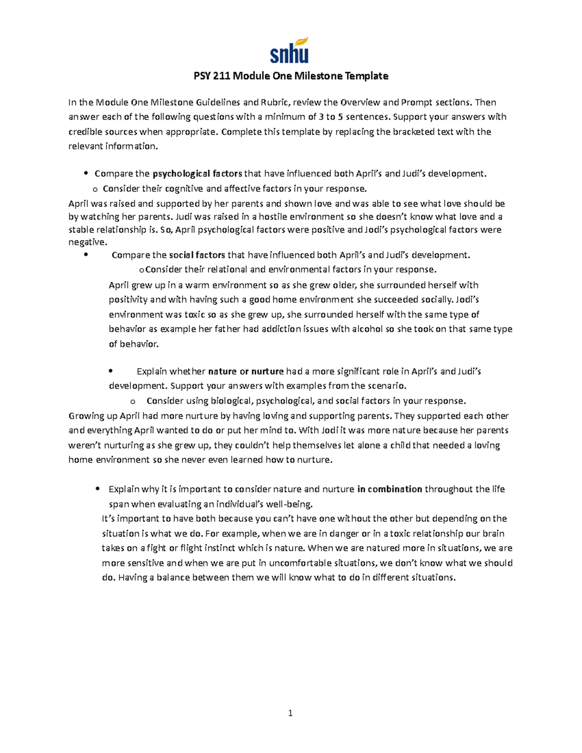 PSY 211 Module One Milestone Template - Then answer each of the ...
