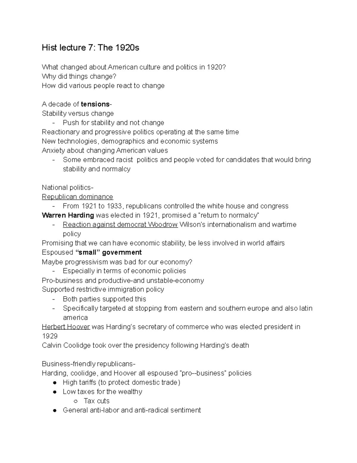 Hist 104 lecture 7: The 1920s - Hist lecture 7: The 1920s What changed ...