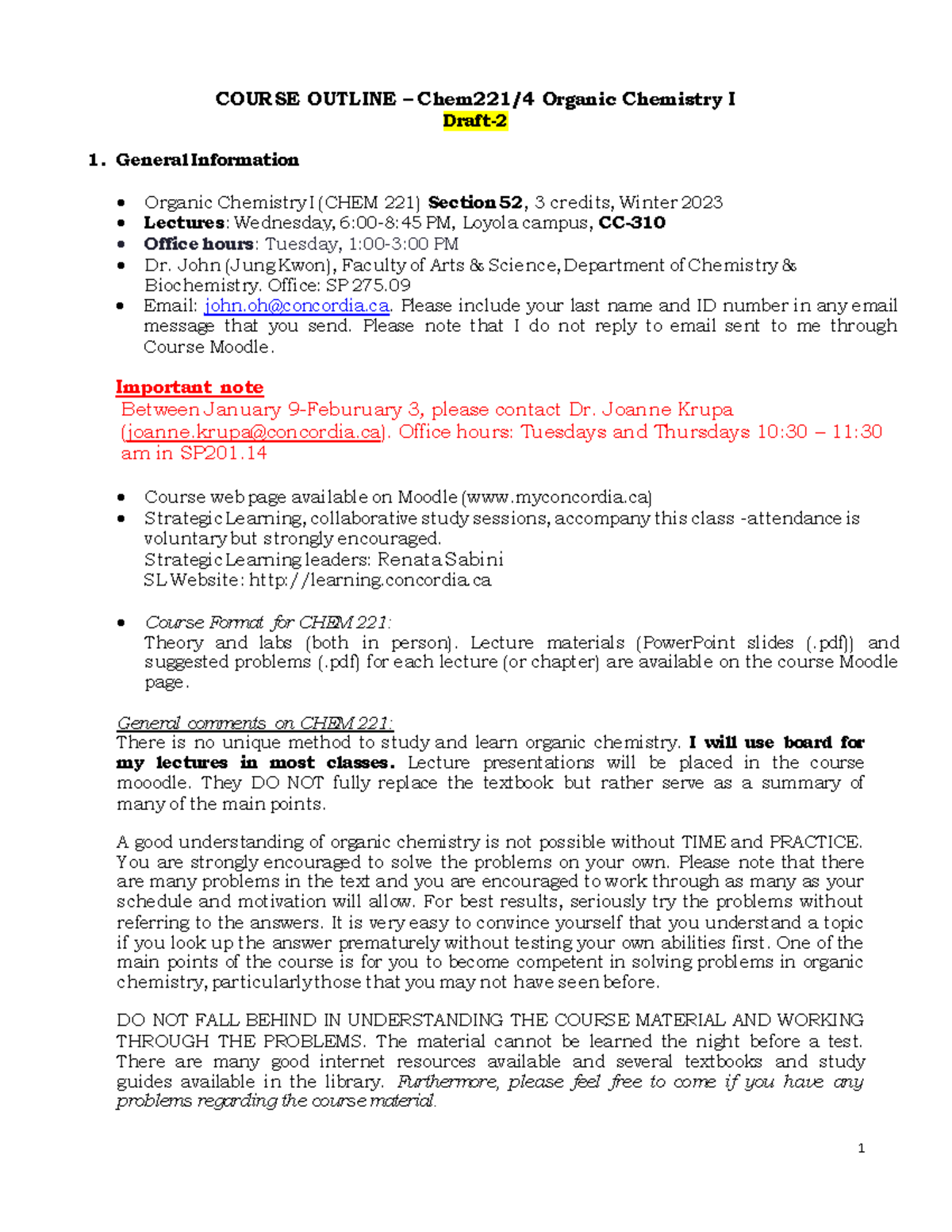 CHEM 221 - W2023 - Outline - COURSE OUTLINE – Chem221/4 Organic ...