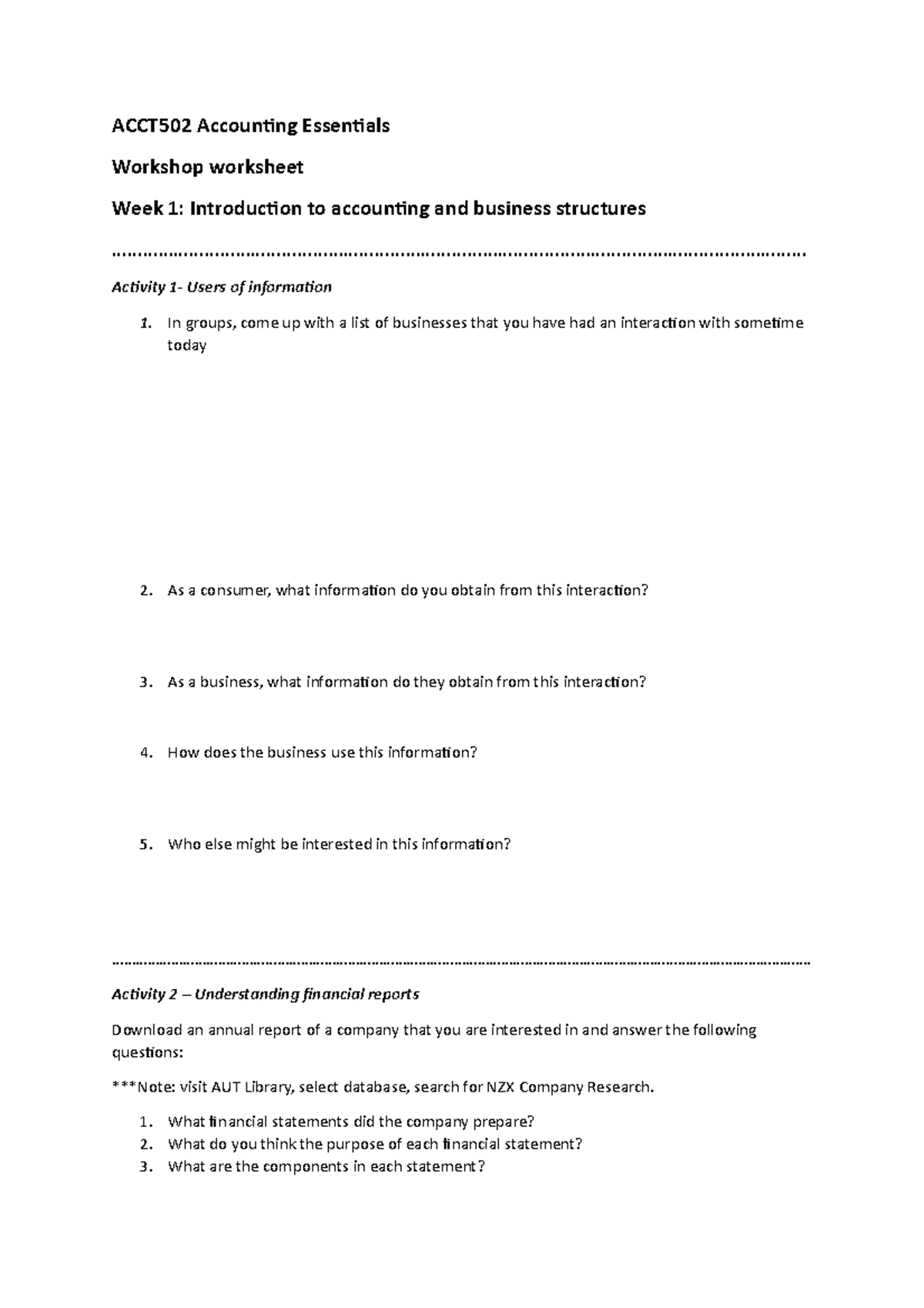 Week 1 Workshop Worksheet - ACCT502 Accounting Essentials Workshop ...
