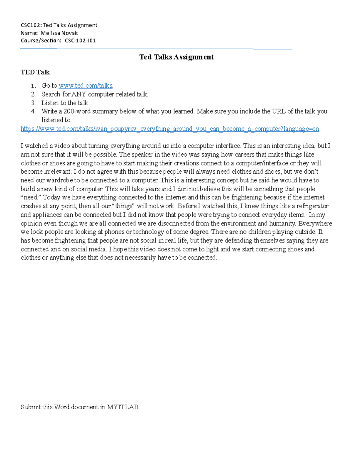 Ted Talks Assignment-MN - CSC102: Ted Talks Assignment Name: Melissa ...