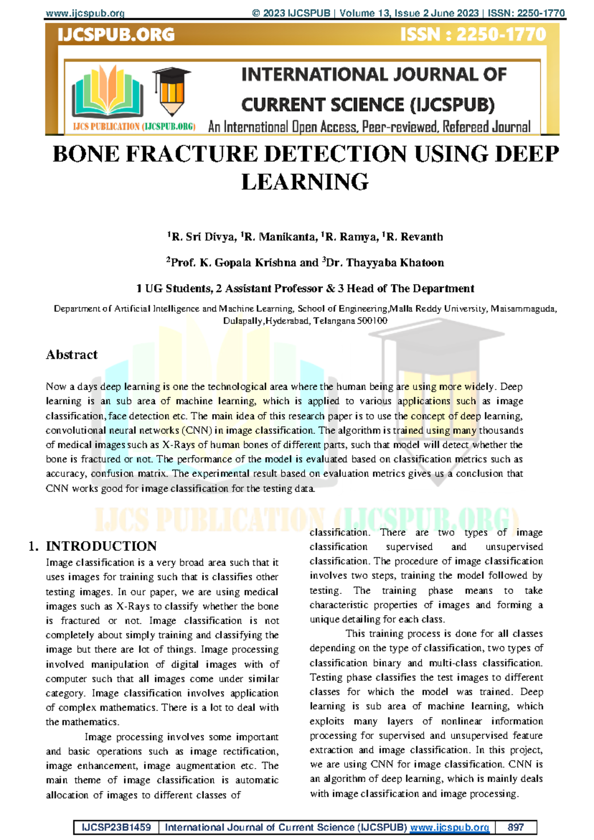 Ijcsp 23B1459 - BONE FRACTURE DETECTION USING DEEP LEARNING 1 R. Sri ...
