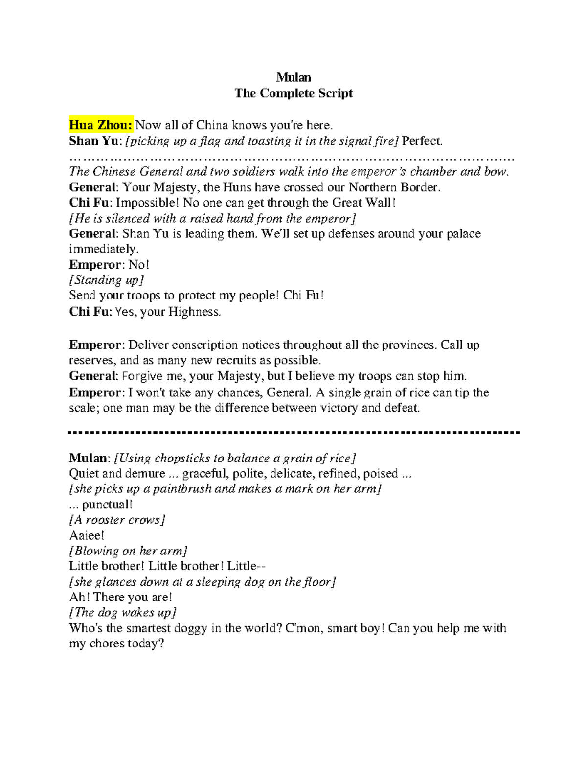 Mulan-Script - script for mulan characters - Mulan The Complete Script ...