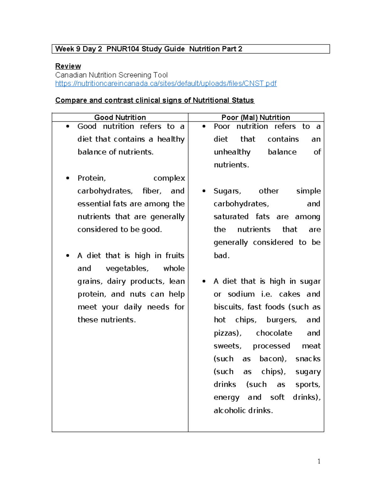 Week 9 Day 2 Study Guide Nutrition Part 2 - Week 9 Day 2 PNUR104 Study ...